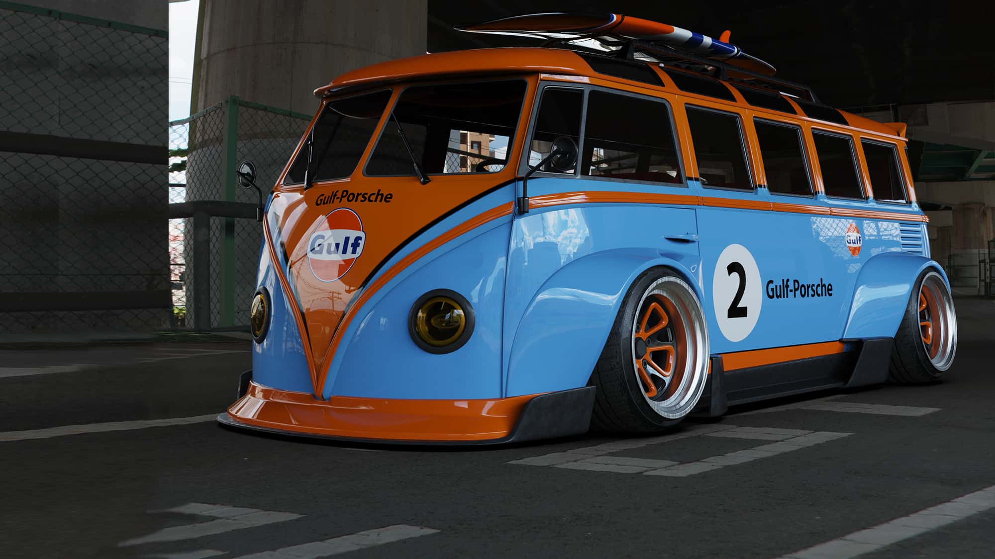 VW Bulli im Gulf Design und digital tiefergelegt